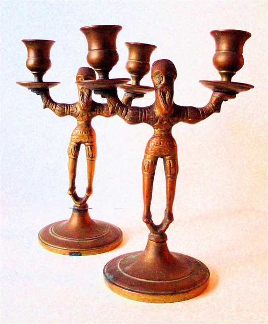 OLD ANTIQUE BRASS Candlesticks Matching Set Old Men Russian Style Pair ...
