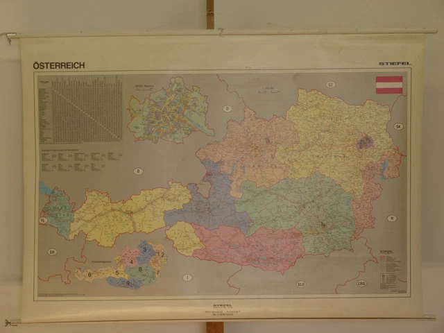 AUSTRIA PHYSICALLY POLITICAL Vienna postcodes 1994 school wall map ...