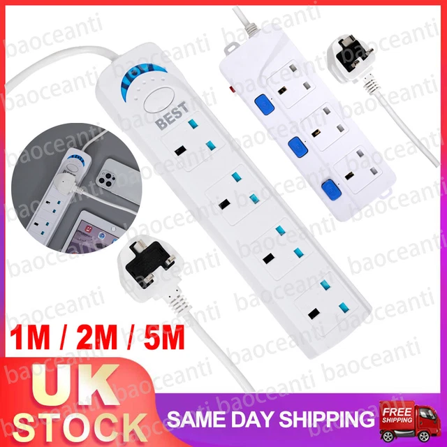 MAINS EXTENSION LEAD Individual Switch UK Power 1m 2m 5m 3/4 Way Socket ...
