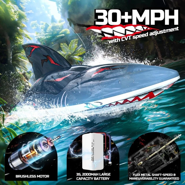 DEERC FAST BRUSHLESS RC Shark Boat for Adults 30+MPH 3S High Speed ...