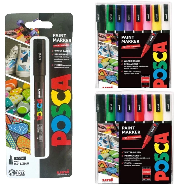 UNI POSCA PC-3M Paint Markers Fine 2 x Sets of 8 + FREE Black or White ...