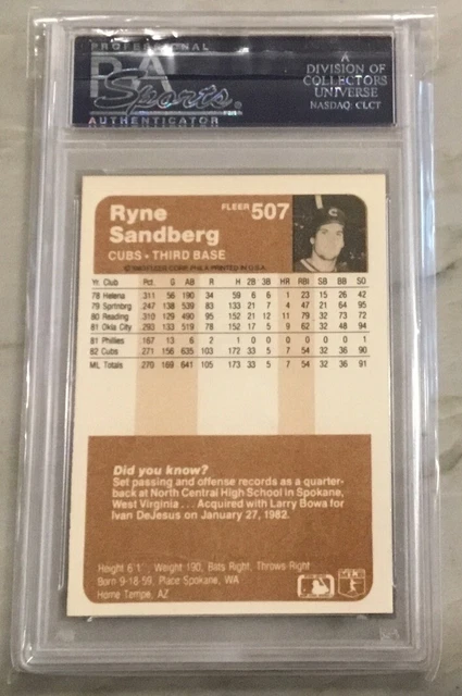 1983 FLEER #507 RYNE SANDBERG RC/Rookie Card HOF Cubs PSA 9 COMME NEUF ...