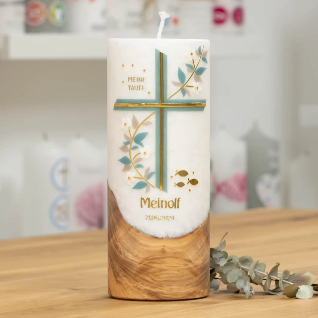 MEINKERZENSHOP® TAUFKERZE MIT echtem Holz MEINOLF wachsverziert EUR 89 ...