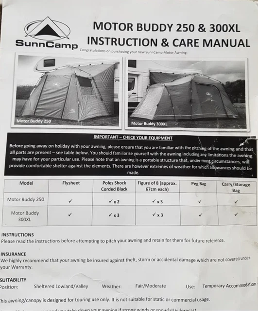 SUNNCAMP MOTOR BUDDY 250 Drive Away Caravan Campervan Motorhome Porch ...