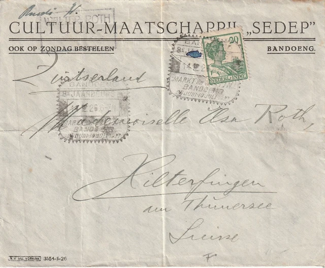 NETHERLANDS INDIES: COVER Bandoeng to Switzerland 1927. Arr.canc. $9.75 ...