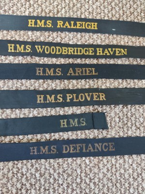 6 X WW2 Royal Navy Cap Tally HMS Raleigh Ariel Plover Defiance ...