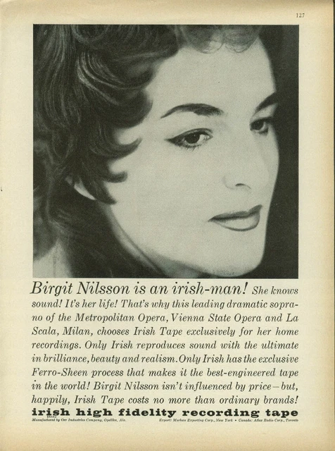 BIRGIT NILSSON IS an irish-man! Irish High Fidelity Tape ad 1960 $14.05 ...