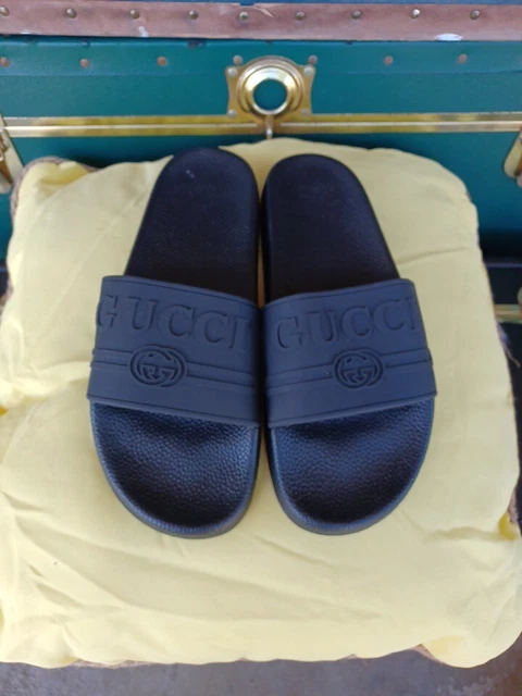 GUCCI AUTH MEN 11.5 US 11 UK 45 EU Logo Black Rubber Pool Slides ...