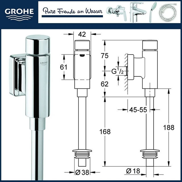 GROHE URINAL LONG-LIFE Druckspüler Rondo mit integrierter Vorabsperrung ...