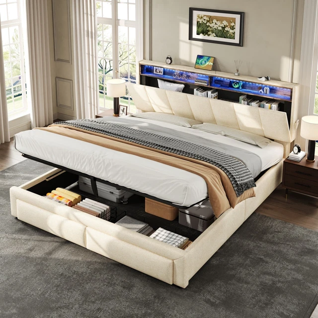 5FT KING SIZE Upholstered Storage Bed Frame Hydraulic Lift Drawer ...