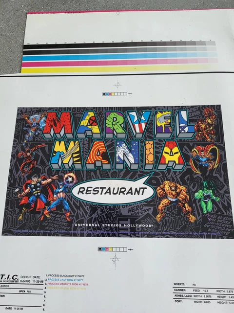 VTG 90S UNIVERSAL Studios Marvel Mania Restaurant Test Print Artwork ...