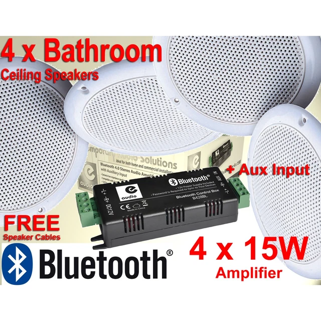 BATHROOM WIRELESS BLUETOOTH Amplifier and 4x White Ceiling Speakers ...