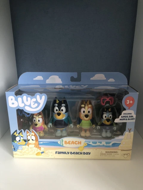 BLUEY FAMILY BEACH Day Figures Bingo, Bandit & Chilli 4 Figure Pack ...