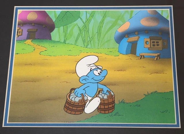SMURFS PRODUCTION ANIMATION Cel Of Smurf Carrying Eggs Framed Coa Hanna ...