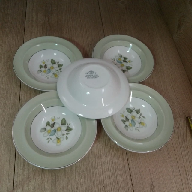 5 JOHNSON BROS Snowhite Cereal Dessert Bowls 16cm 6.5 Inch Green White ...