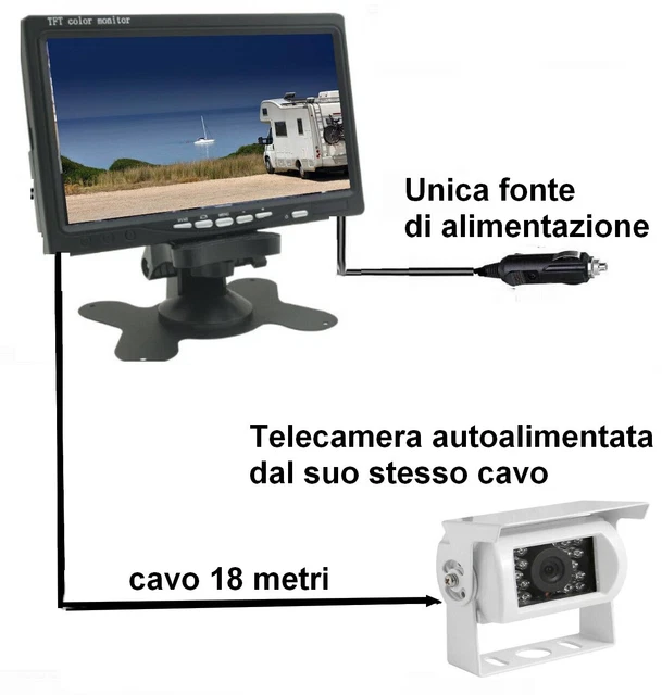 KIT RETROMARCIA CAMPER Telecamera BIANCA cavo 18 metri Monitor 7 ...