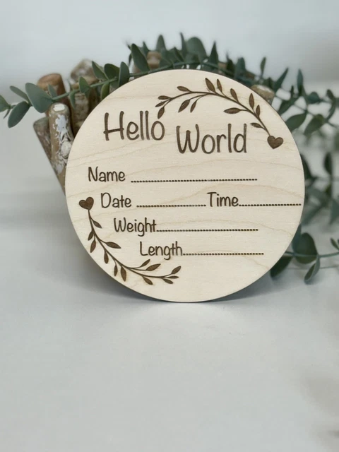 WOODEN BABY ANNOUNCEMENT Sign Hello World Birth Baby Name Plaques £7.55 ...
