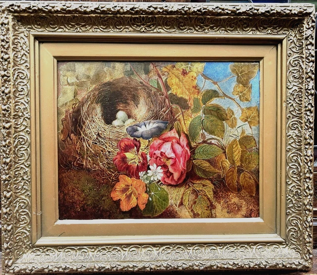 19TH CEN. ANTIQUE Oil Painting Still life study birds nest and flowers signed £180.00 - PicClick UK