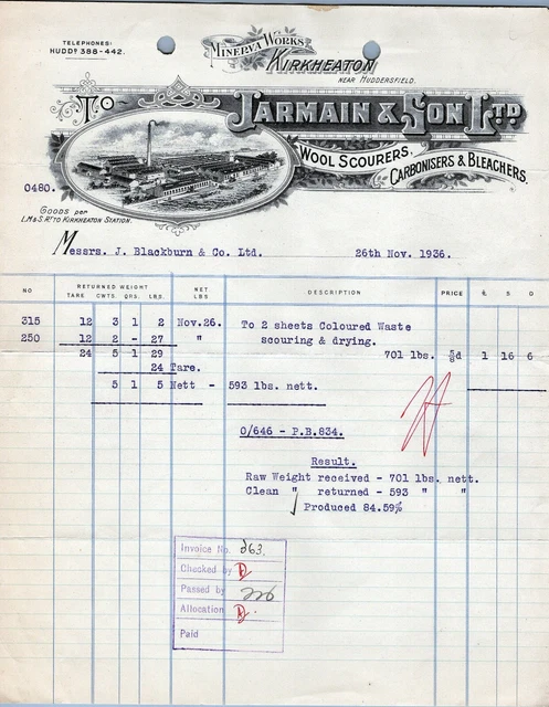JARMAIN & SON Ltd 1936 VTG Illustrated Receipt Invoice: Wool Scourers ...