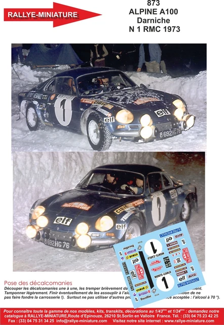 DECALS 1/24 REF 0873 Alpine Renault A110 Darniche Rallye Monte Carlo ...