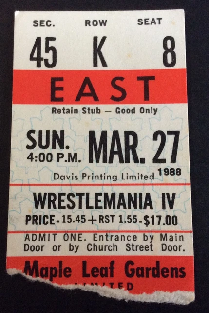 WRESTLING WWF MARCH 27, 1988 Wrestlemania IV CCTV Ticket Stub Toronto ...