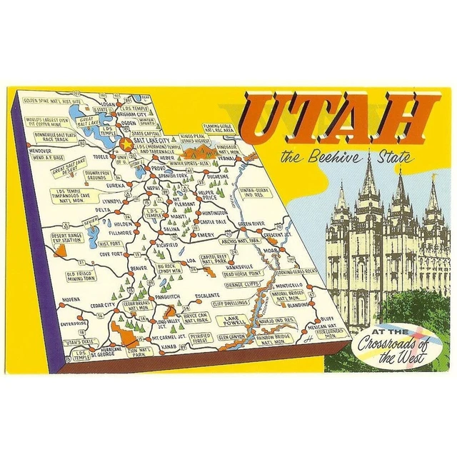 UTAH STATE MAP Postcard -1960's 70's -The Beehive State State - H S ...