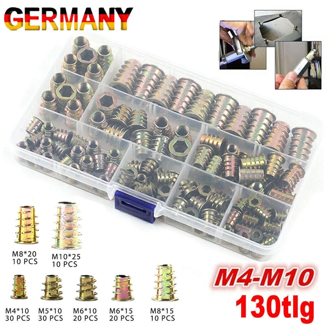 DE 130TLG EINSCHRAUBMUFFEN Muffen Einschraubmuttern Gewindemuffe M4 M5 ...