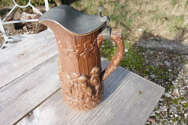 GRAND PICHET ANCIEN en grès ( ? ) marron décor angelots , couvercle étain EUR 57,00 - PicClick FR