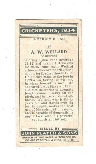 JOHN PLAYER CIGARETTE Card Cricketers 1934 No.32 - A.W. Wellard $4.00 ...
