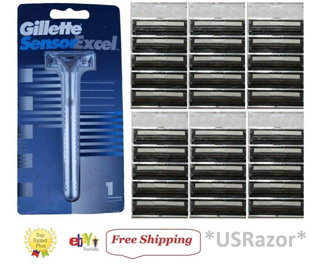 GILLETTE SENSOR EXCEL Razor Metal Shaver Handle Blades USA 30 Refill ...