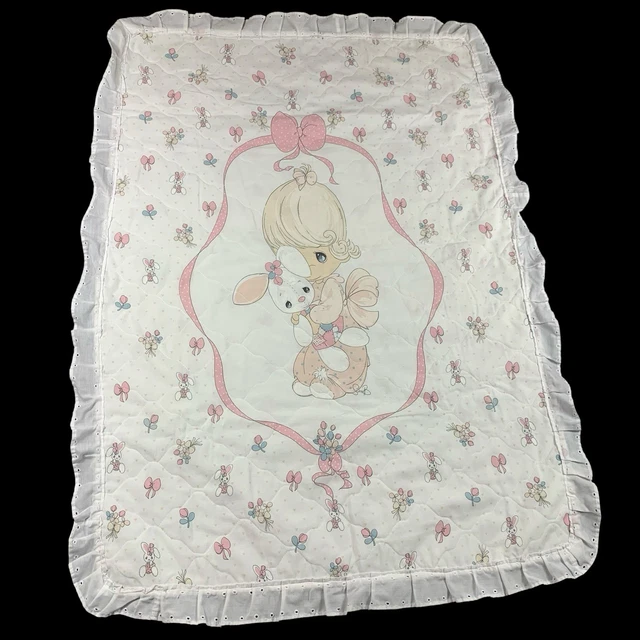 VINTAGE PRECIOUS MOMENTS Baby Blanket Quilted 34x45" Floral Bunny Girl ...