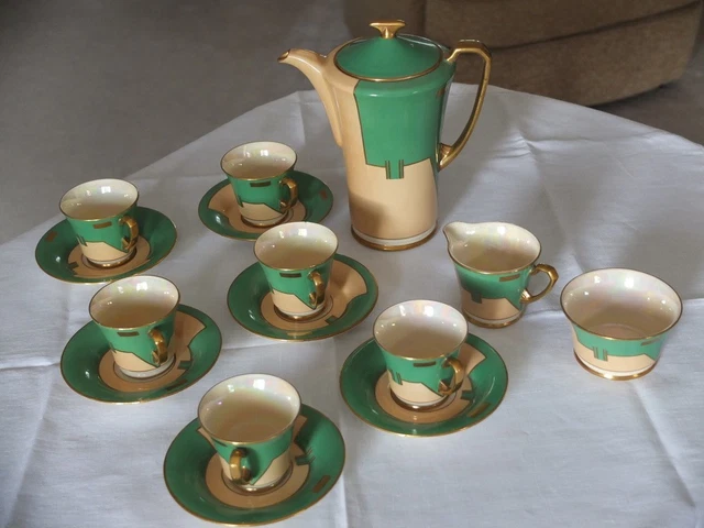STUNNING ART DECO 1930s Crown Devon Coffee Set, Green and Beige with ...
