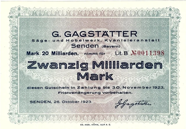 BANKNOTE NOTGELD GUTSCHEIN 20 Milliarden Mark 1923 Senden (Bayern) EUR ...