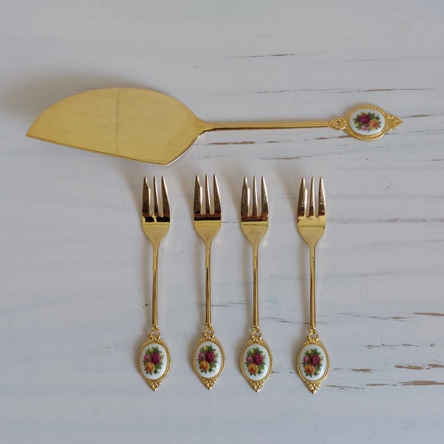 ROYAL ALBERT OLD Country Roses Cake Server 4 Pastry Forks Gold Plated ...