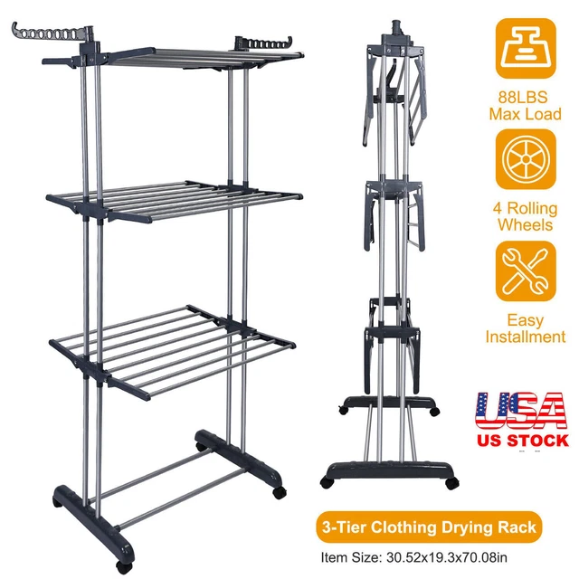 CLOTHES DRYING RACK 3 Tier Laundry Rolling Dryer Hanger Stand Folding ...