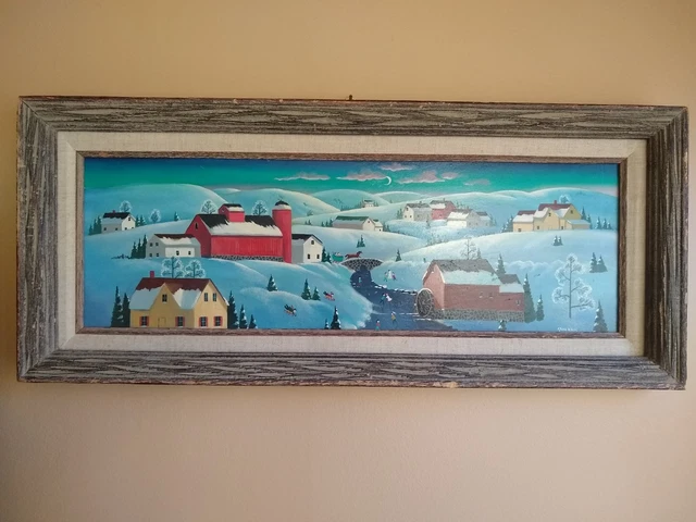 ORIGINAL STEVE KLEIN Folk Art Oil Painting on Board. Winter Landscape ...