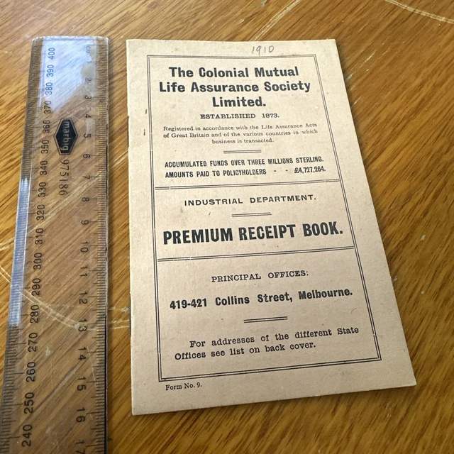THE COLONIAL MUTUAL Life Assurance Vintage Receipt Book Circa 1910 $10. ...