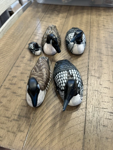 VINTAGE SET OF 5 Wood Hand-Carved, Hand-Painted Loon & Geese Figurines ...