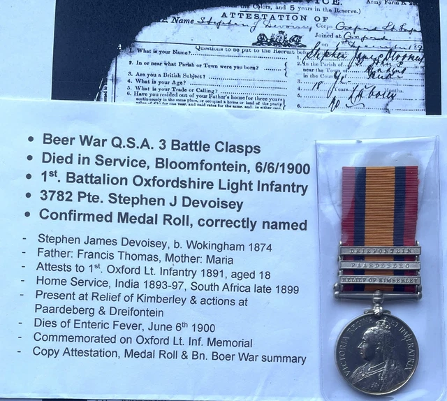 BOER WAR &DIED in Service 1900" Q.S.A. Medal, 3 Battle Clasps. 1/Oxford ...