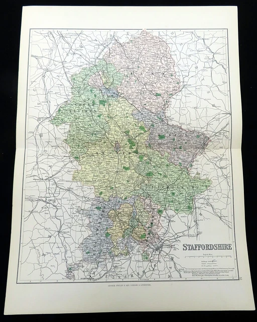 ANTIQUE MAP OF Staffordshire Lichfield Leek Wolverhampton Birmingham ...