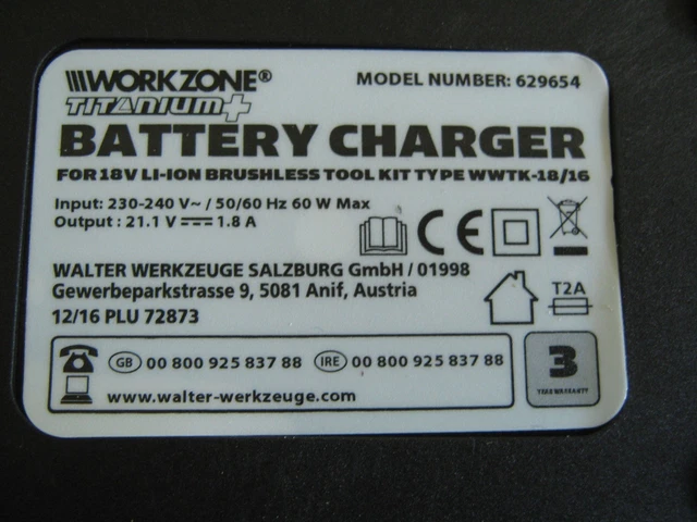 WORKZONE TITANIUM 18V Battery Charger Model 629654 For Brushless Kit ...