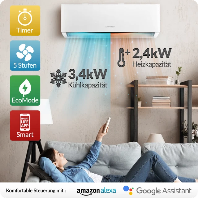 SPLIT KLIMAANLAGE 12000 BTU HANTECH H-PRO 3,4 kW bis 80m² mit WIFI EUR ...