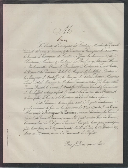 FAIRE-PART DÉCÈS LÉONCE d'ESCAYRAC de LAUTURE (Paris, 1786-1867). EUR ...