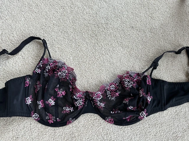 BLACK MESH UNDERWIRE full coverage bra 42D embroidered pink roses no ...