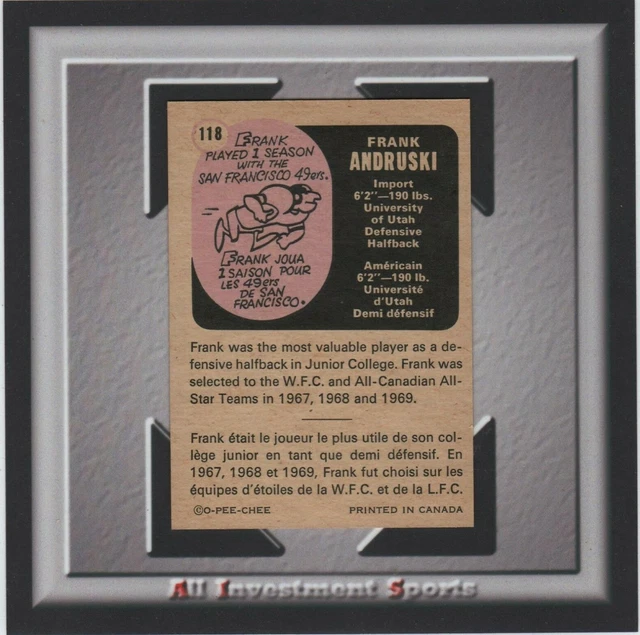 1971 O-PEE-CHEE OPC FRANK ANDRUSKI #118 NM-MT **grande carte football ...