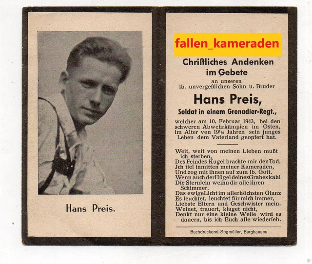 ORIGINAL GERMAN WW2 Death Card HANS PREIS fell 10 feb 1943 OSTEN £3.99 ...