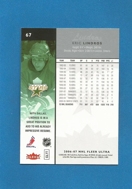 ERIC LINDROS HOF 2006-07 Fleer Ultra NHL Hockey #67 (MINT) Dallas Stars ...