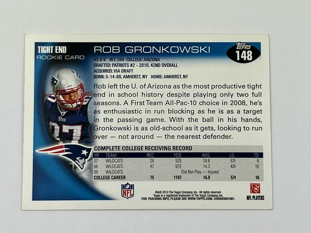 CARTE RECRUE 2010 Topps ROB GRONKOWSKI RC #148 - Patriots Buccaneers ...