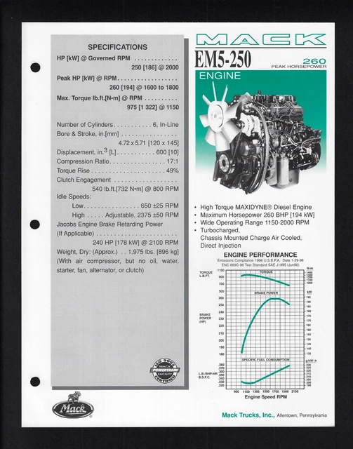MACK TRUCKS EM5-250 Engine Specifications Brochure 12/96 $27.50 ...