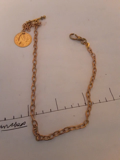 VINTAGE 18K GOLD filled stamp Pocket watch chain 11in. Fob,used as pict ...